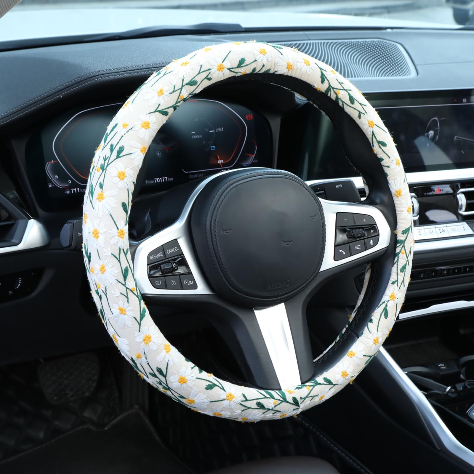 Amazon.com: Embroidered Flowers White Cute Daisy Steering Wheel Cover ...