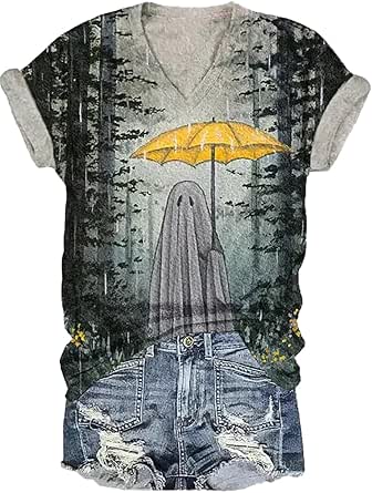 Amazon.com: Halloween Horror Ghost V-Neck T-Shirt for Women Tee Funny ...