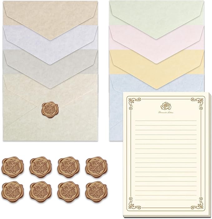 Amazon.co.jp: Sitengle レターセット おしゃれ 大人 シンプル 封筒8枚+便箋16枚+シール8枚 封筒 8色 便箋 手紙 クラフト用紙 アンティーク調 箔押し お洒落 ...