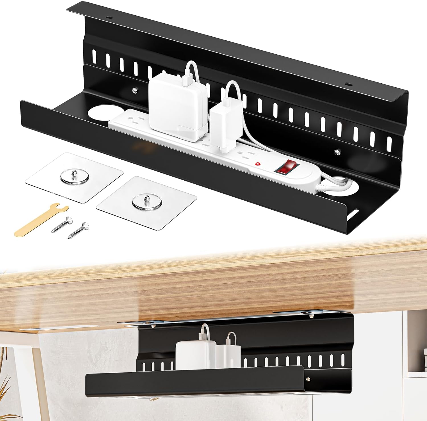 Amazon.com: 2 in 1 Under Desk Cable Management Tray, Metal Under Table ...
