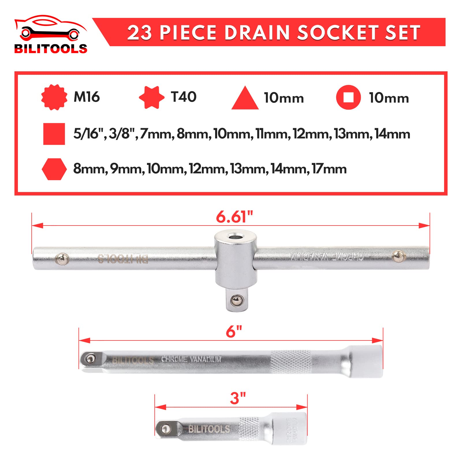 BILITOOLS 23-Piece Drain Plug Socket Set, 3/8" Drive Oil Drain Plug Key ...