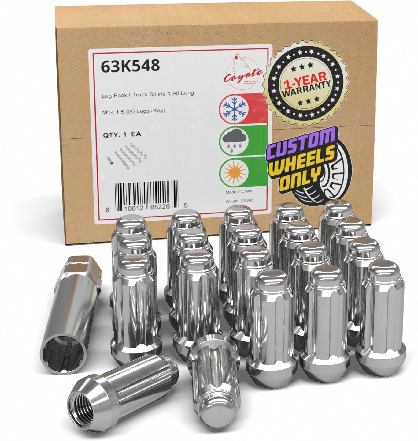 M14x1.5 Chrome Lug Bolts Spline Lock 33mm Set Of 20 Chrome Lug Bolts ...