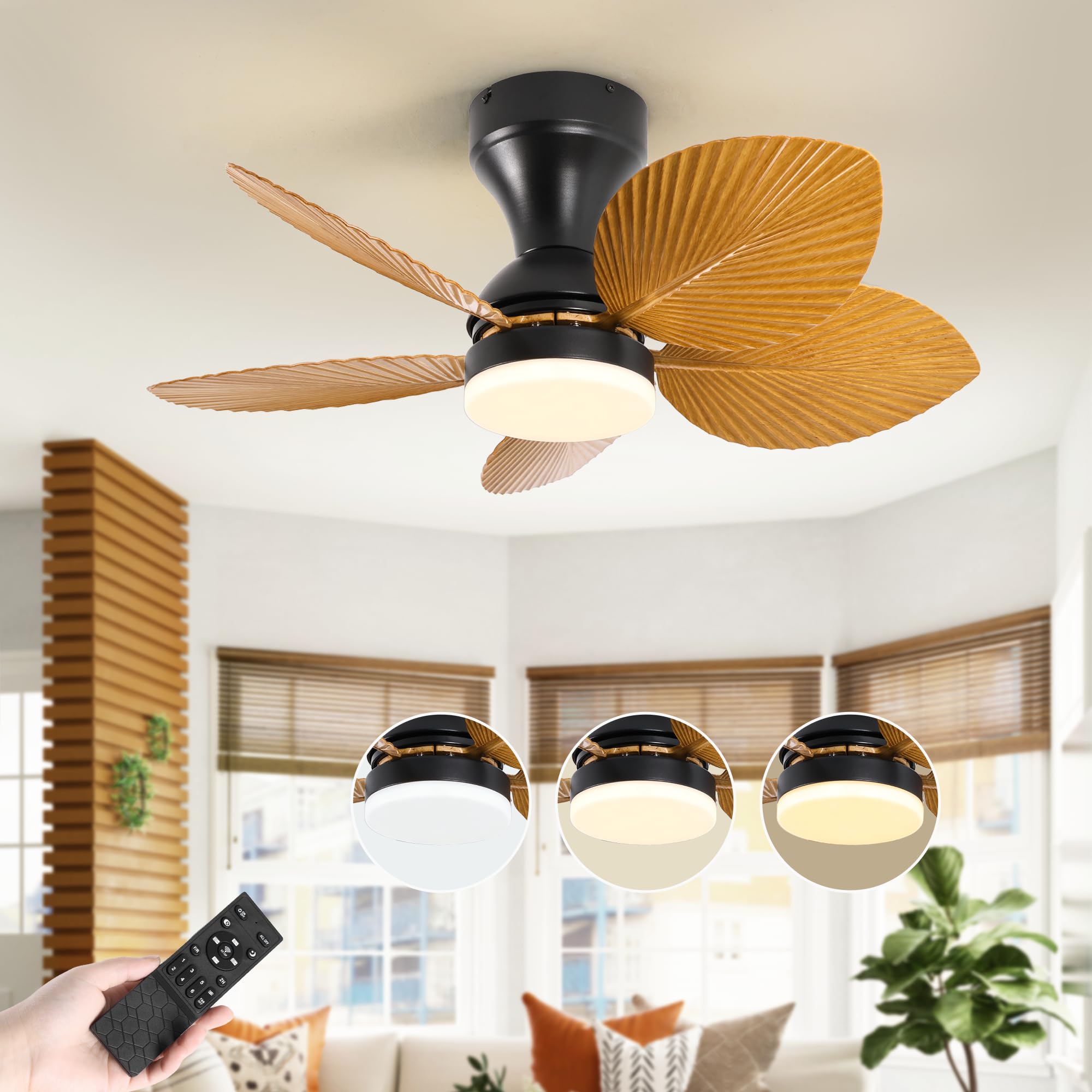 She's home 26 inch 5 Palm Leaf Ceiling Fan with Light, Tropical Outdoor ...