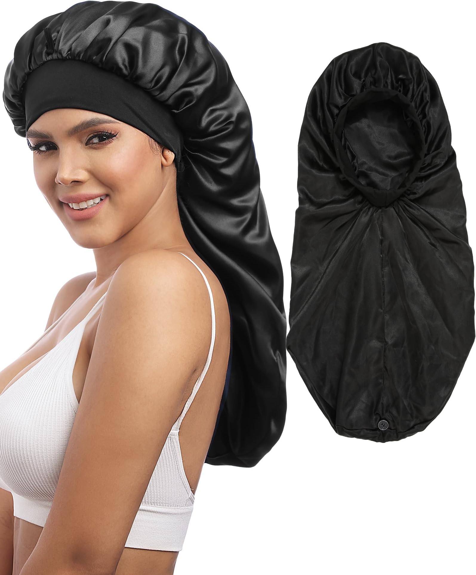 Amazon.com : AWAYTR Long Satin Braids Bonnet for Women - 2 Layer Silk ...