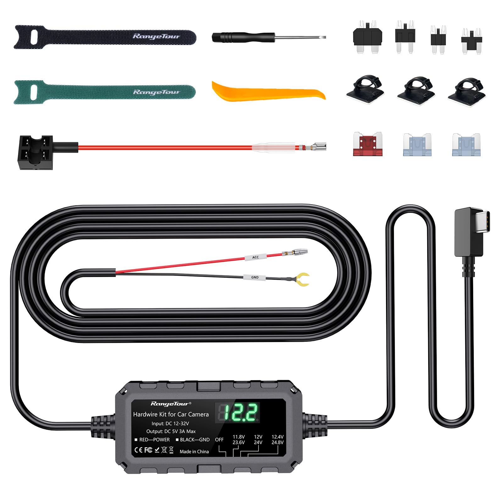 Range Tour Dash Cam Hardwire Kit USB-C with LED Screen, 12V-32V to 5V ...