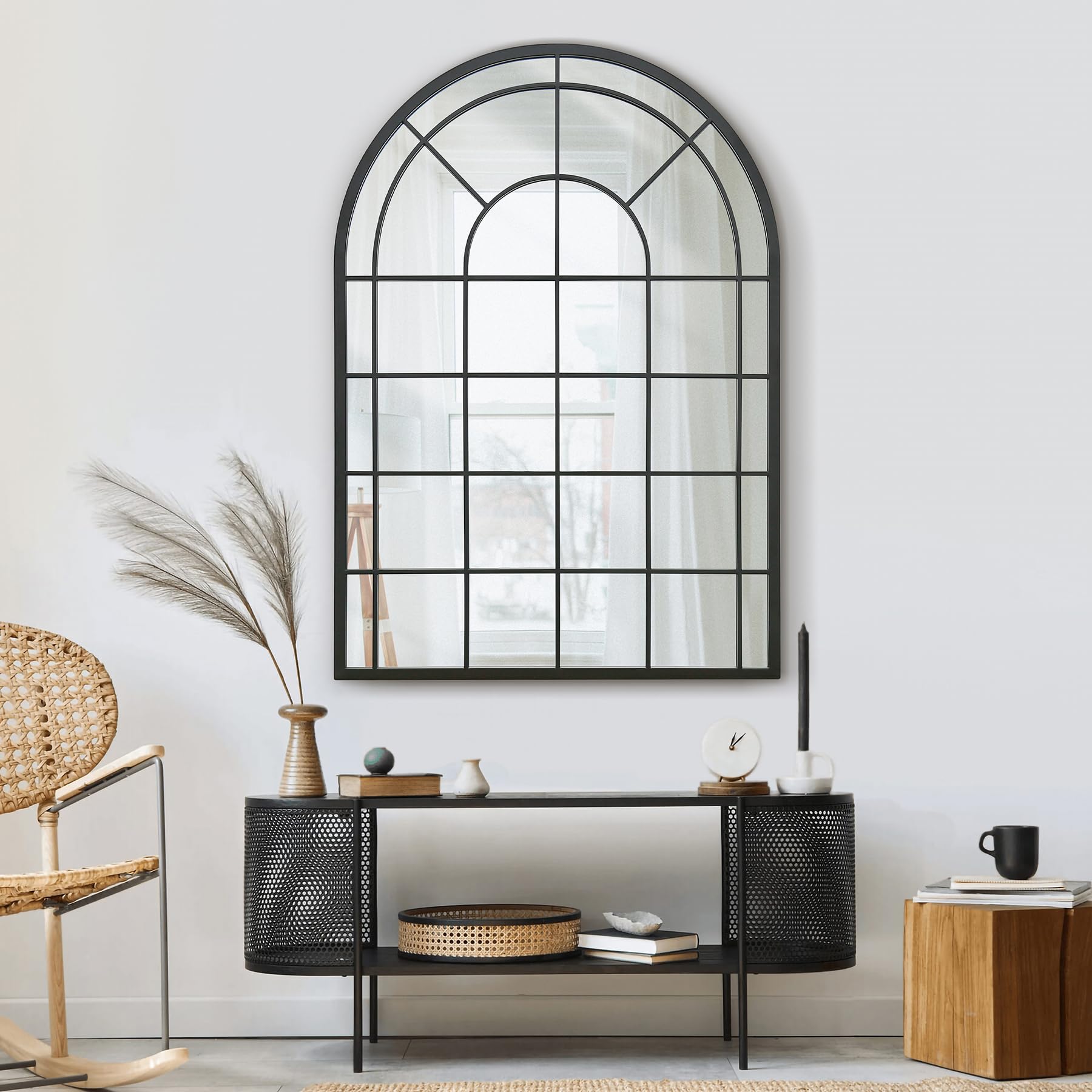Amazon.com: Besdomus Large Arched Window Pane Mirror, 30"x42" Black ...