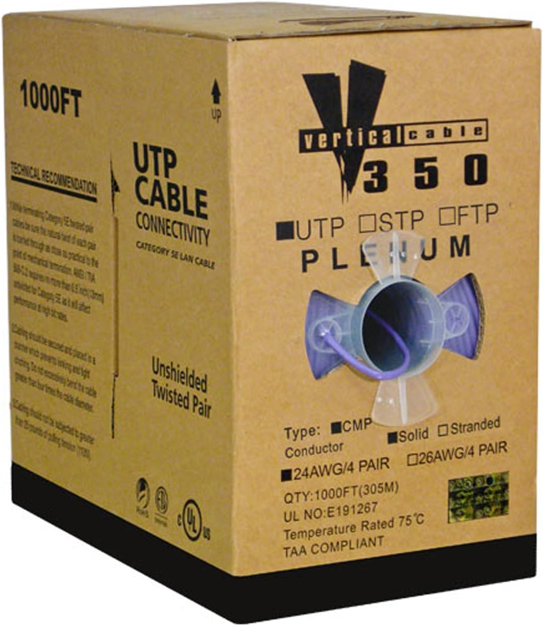 Amazon.com: Vertical Cable CAT5E, 350 MHz, UTP, 24AWG, 8C Solid Bare ...