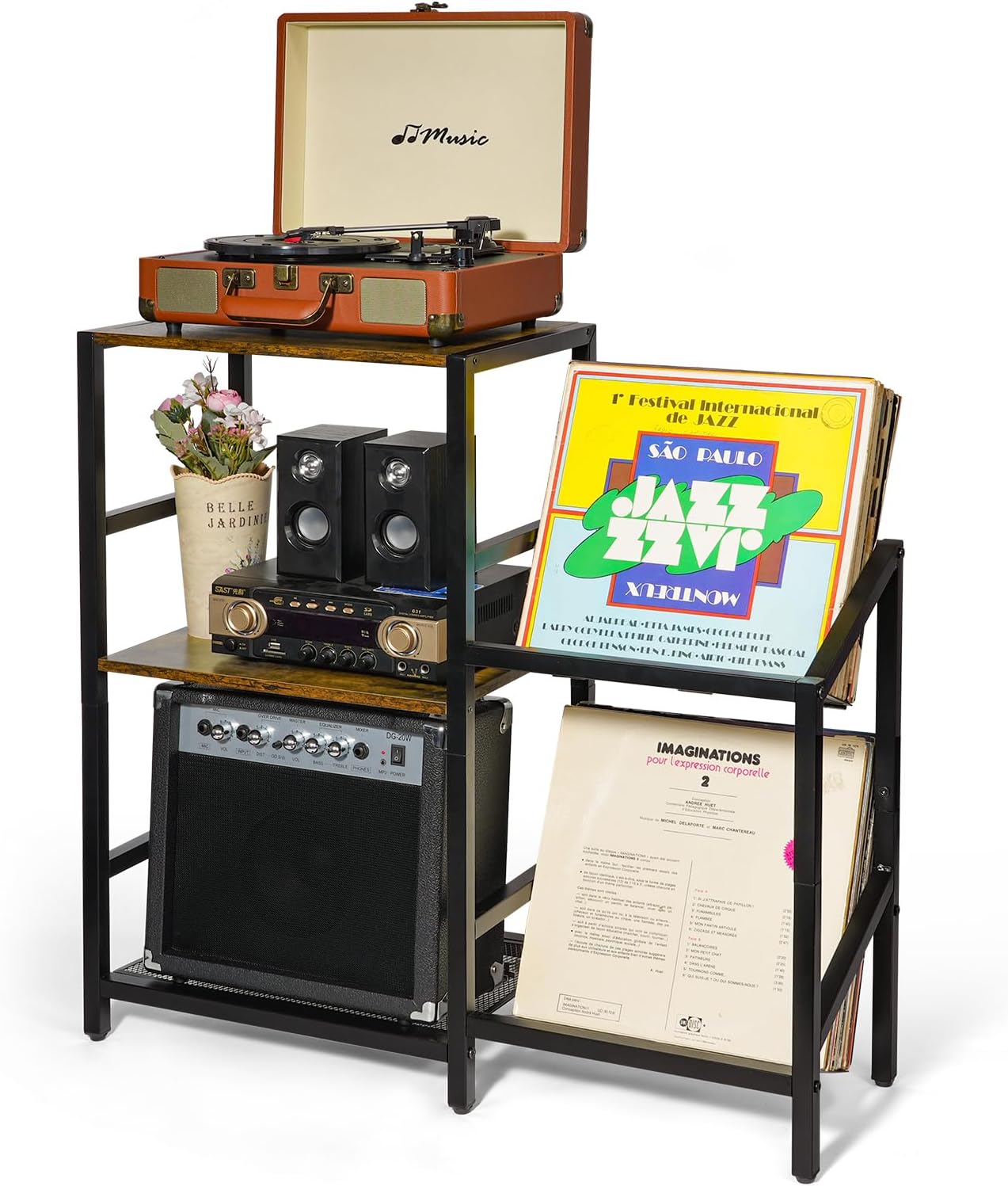 ikkle Rustic Record Player Stand, End Table with Storage, Vinyl Storage ...