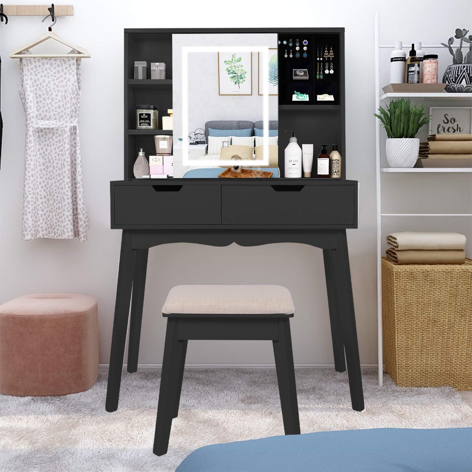 Black Vanity Table Set with 3 Models LED Mirror,Jewelry Box and ...