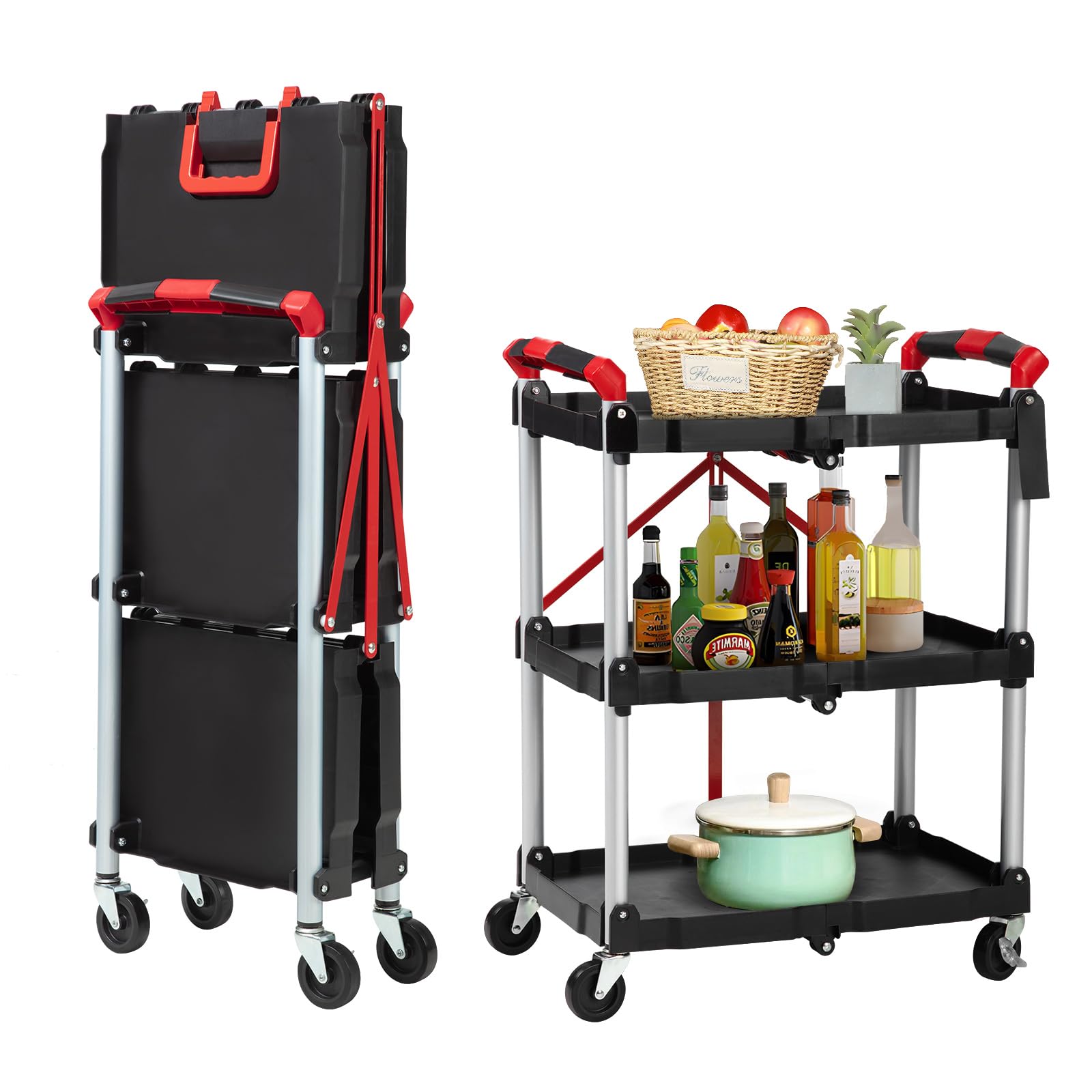 Amazon.com: Foldable Utility Service Cart, 3 Shelf 168LBS Heavy Duty ...