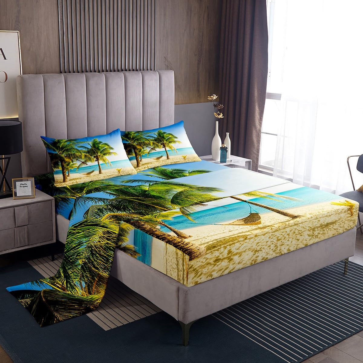 Amazon.com: Coastal Palm Tree Bed Sheets Set King Size, Summer Hawaiin ...