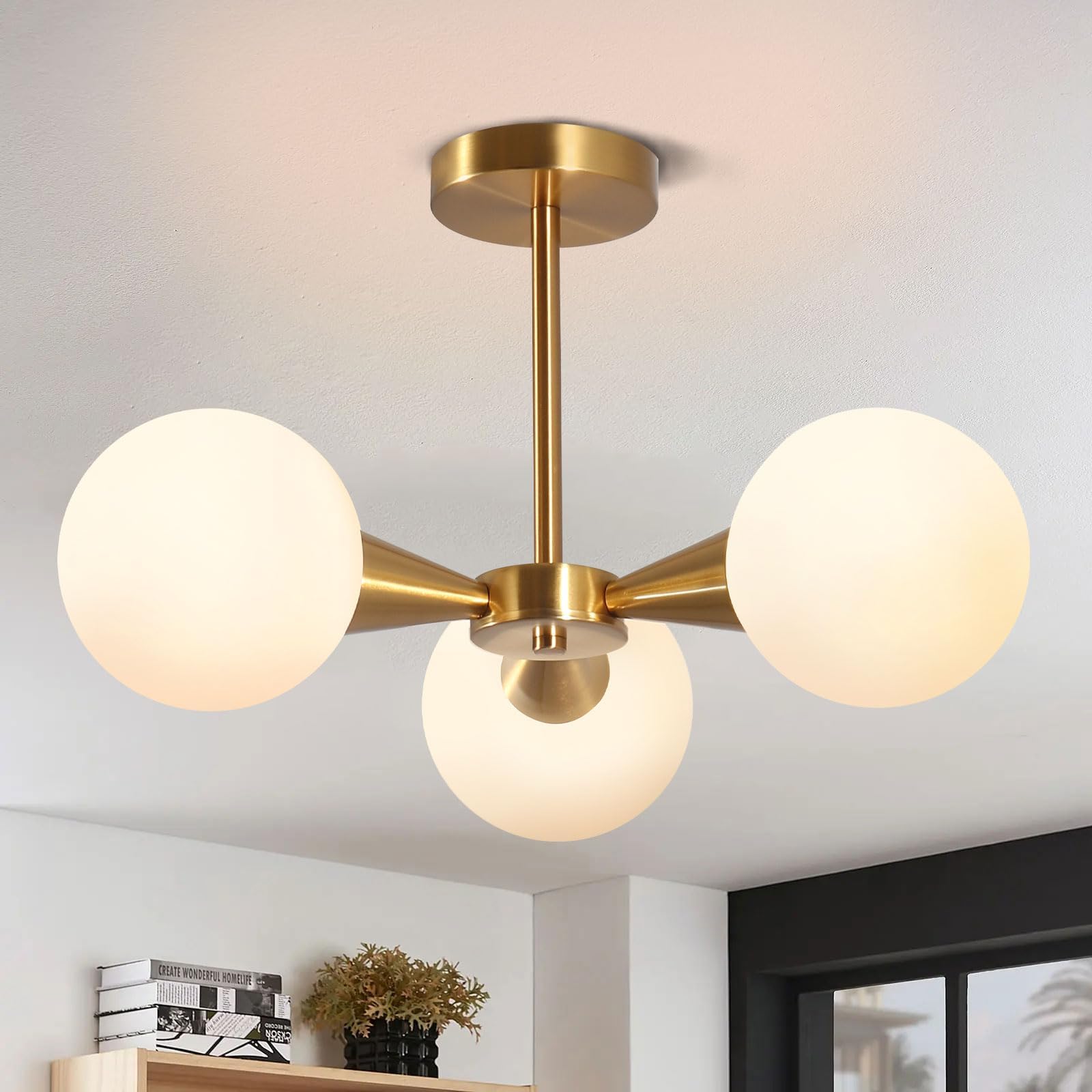 Betkas 3-Lights Semi Flush Mount Ceiling Light Fixture Brushed Gold ...