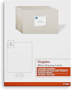 Amazon.com : Staples Laser/Inkjet Shipping Labels, 3-1/3" x 4", White ...