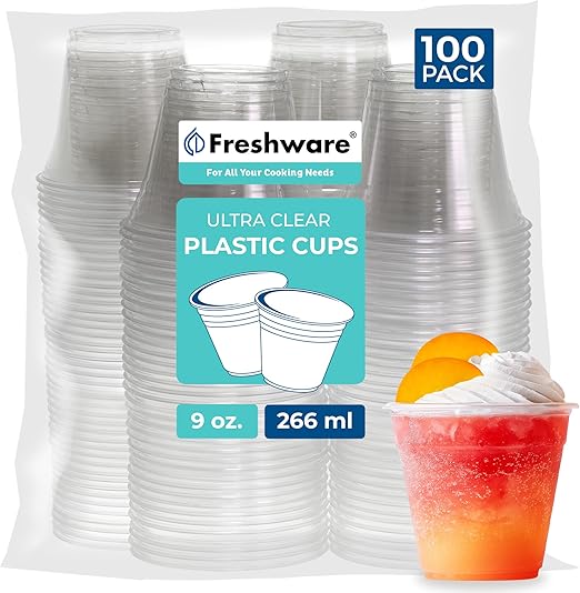 Amazon.com: Freshware Clear Plastic Cups [100 Pack - 9 oz] Disposable ...