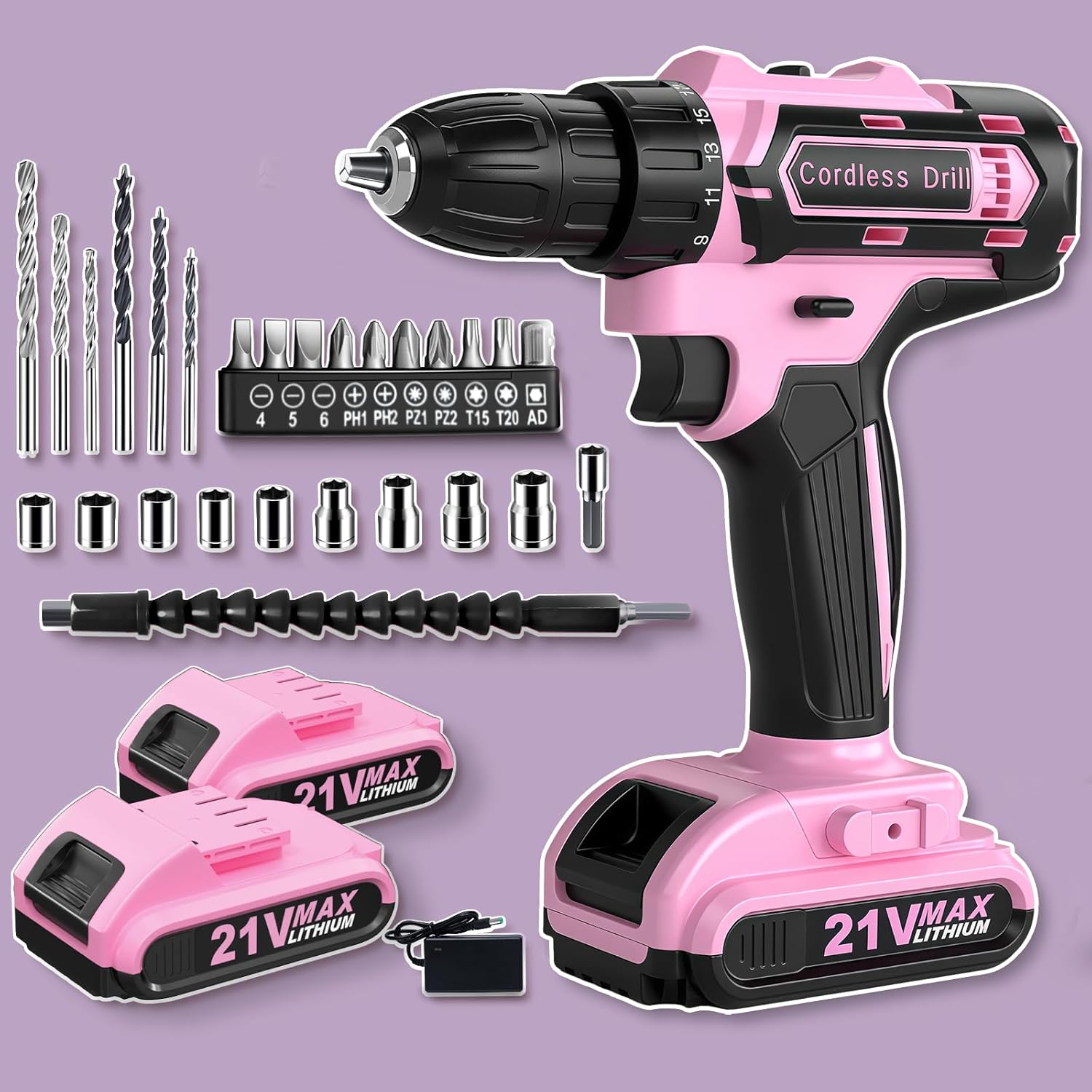 Amazon.com: Pink Cordless Drill Set, 21V Electric Power Drill for Women ...