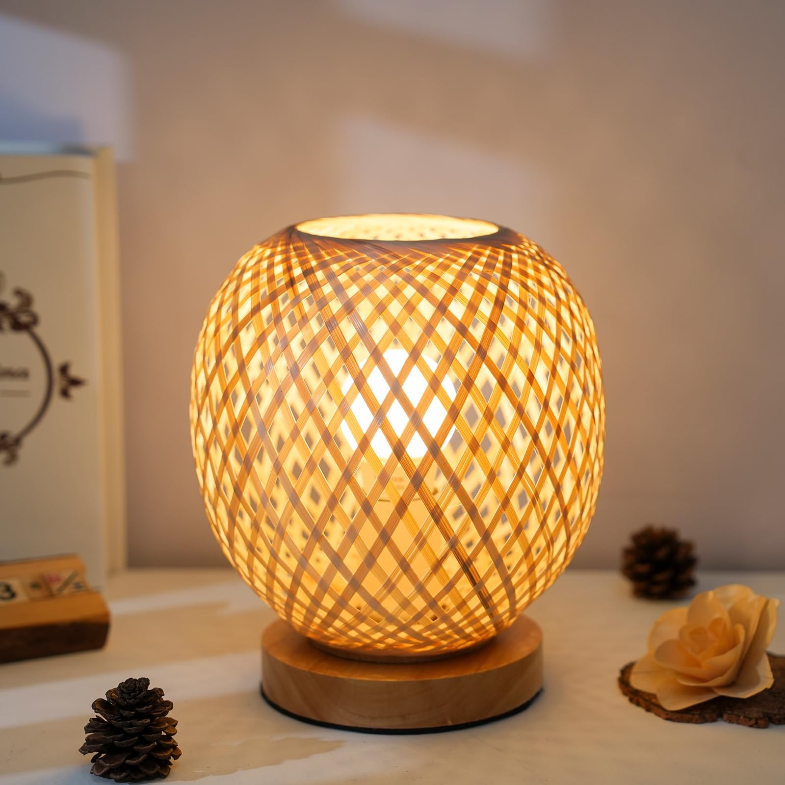 Tom-shine Small Rattan Table Lamp: Boho Bamboo Woven Night Light with ...