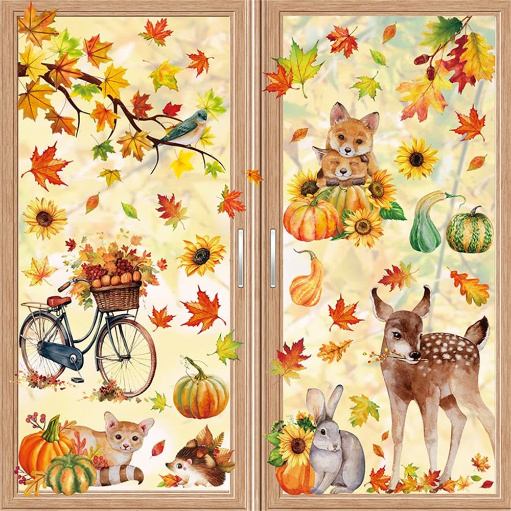 Amazon.com: 68 PCS Fall Window Clings, Autumn Cute Foxes Giraffe Rabbit ...
