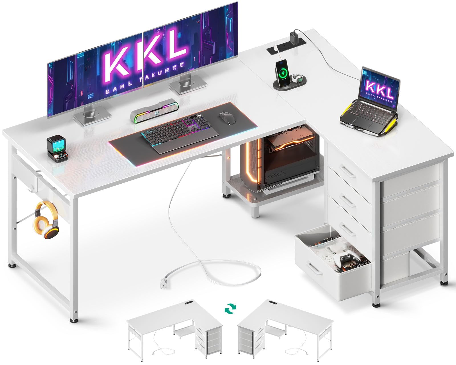 KKL Corner Desk with Drawers, L Shaped Desk with Power Outlet, Office ...