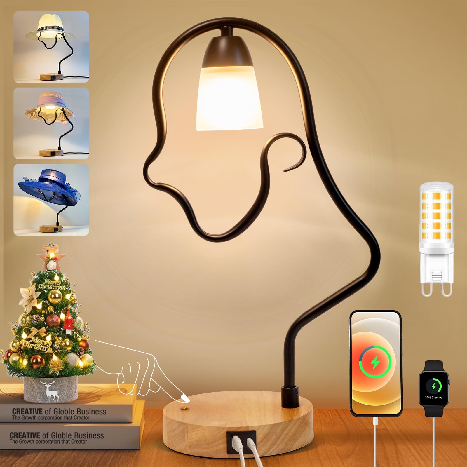 Touch Control Modern Table Lamp - Creative Hat Desk Lamp with USB C and ...