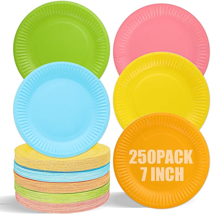 DAJAVE 250 Pcs Coloured Paper Plates 7 Inch Party Plates, Colorful ...