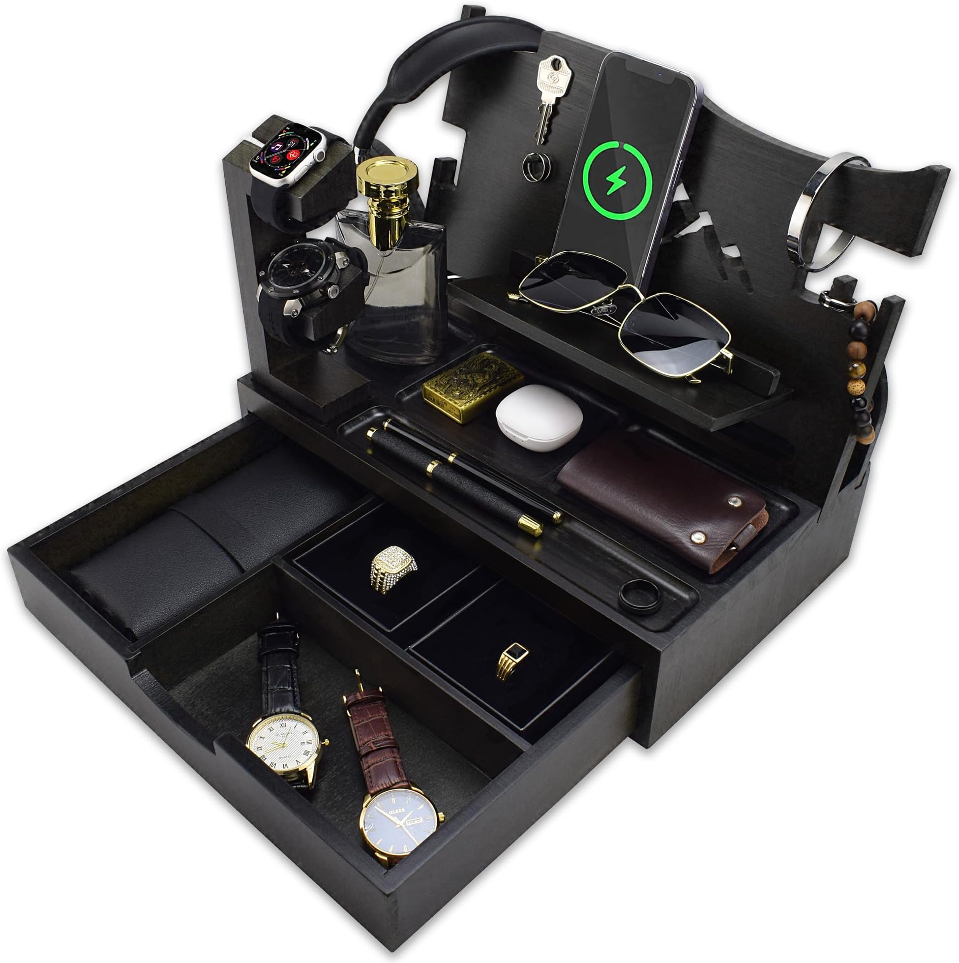Amazon.com: Black Wood Phone Docking Station with Drawer, Apple Watch ...