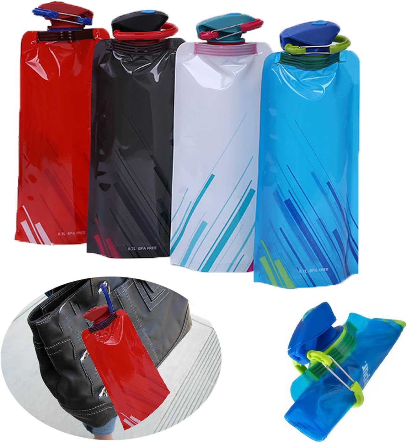 4pcs Flexible Water Bottles with Carabiner, 700ml Collapsible Water ...