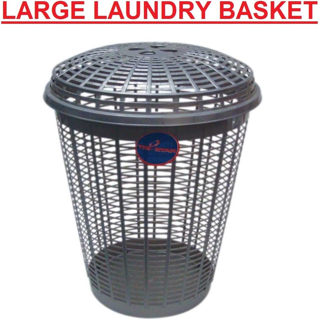 Large Plastic Washing Up Round Laundry Basket With Lid Grey/White/Blue ...