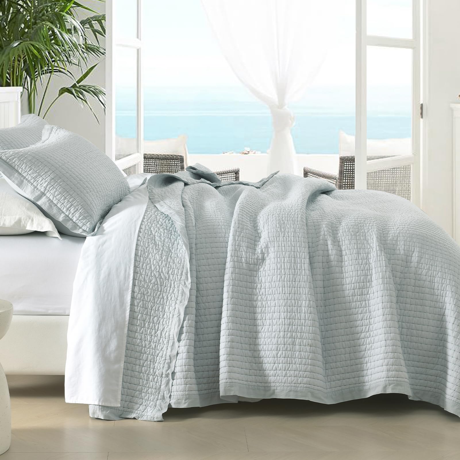 Amazon.com: Finlonte Queen Size Quilt Set, 100% Cotton Solid Color ...