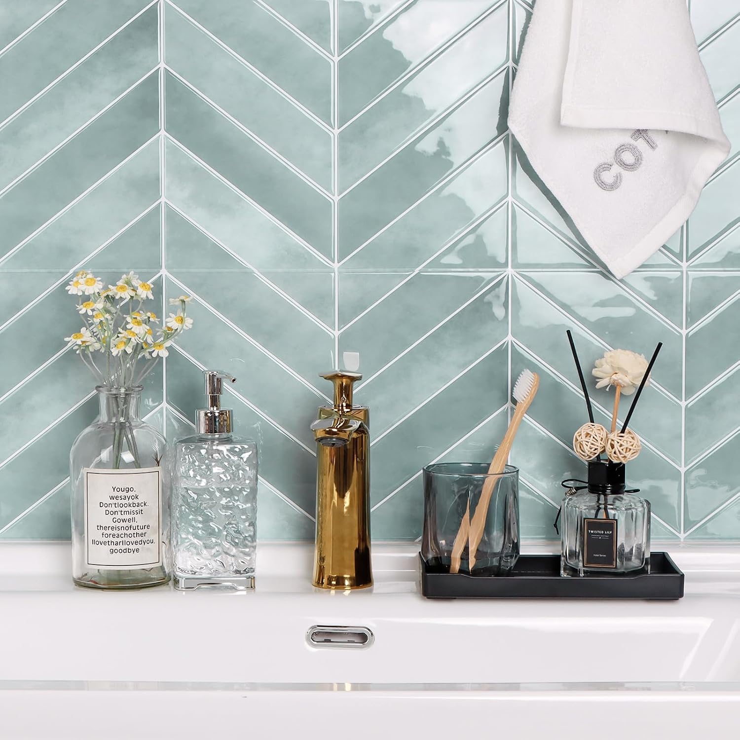 Alwayspon 10 Sheet 11.43x9inch Turquoise Herringbone 3D Vinyl Wall Tile ...