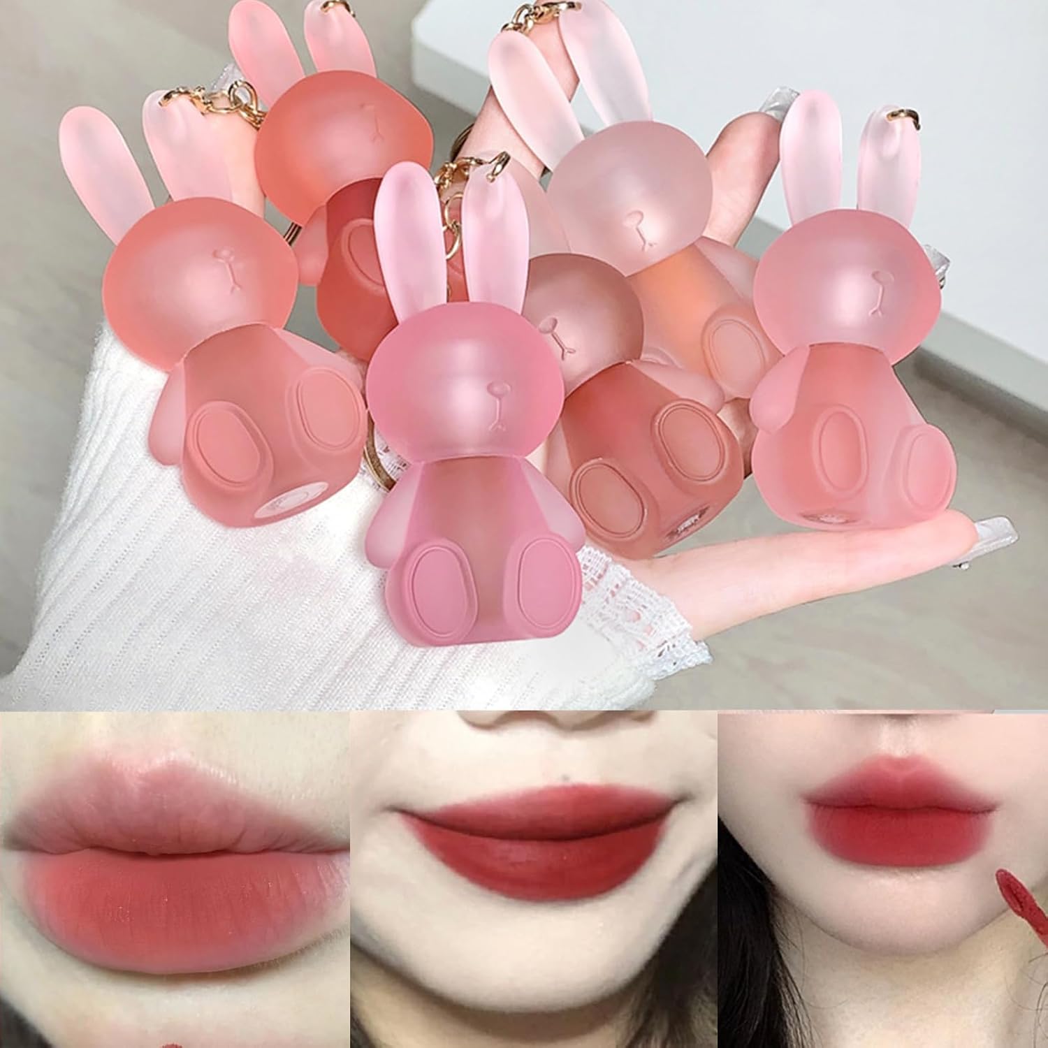 MMOOUP 3Pcs Velvet Lip Gloss Set, Cute Rabbit Lipsticks 2 in 1 Keychain ...