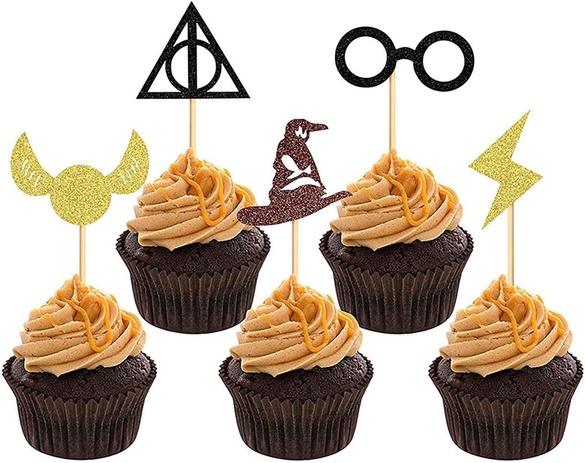 Amazon.com: 24 Packs Sorcerer Theme Glitter Wizard Cupcake Toppers ...