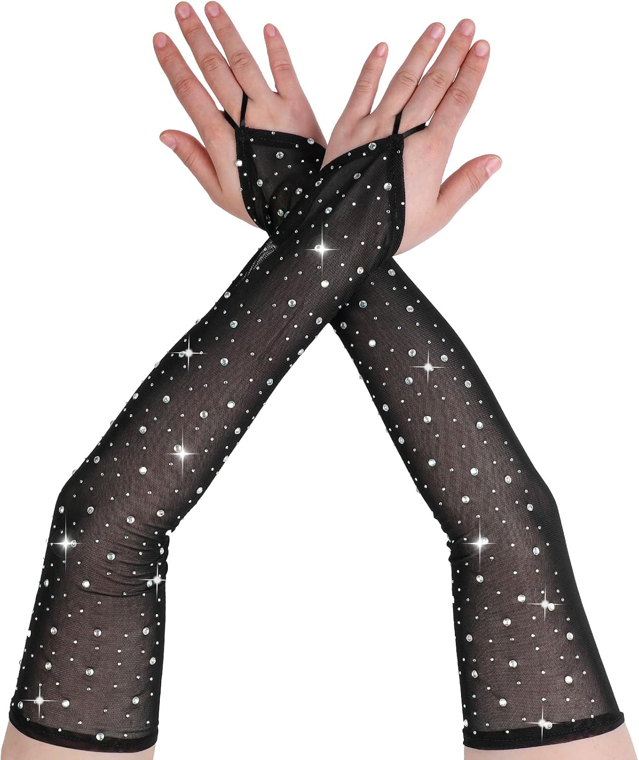 Amazon.com: Skrfren Fingerless Rhinestone Long Gloves, Sparkly ...