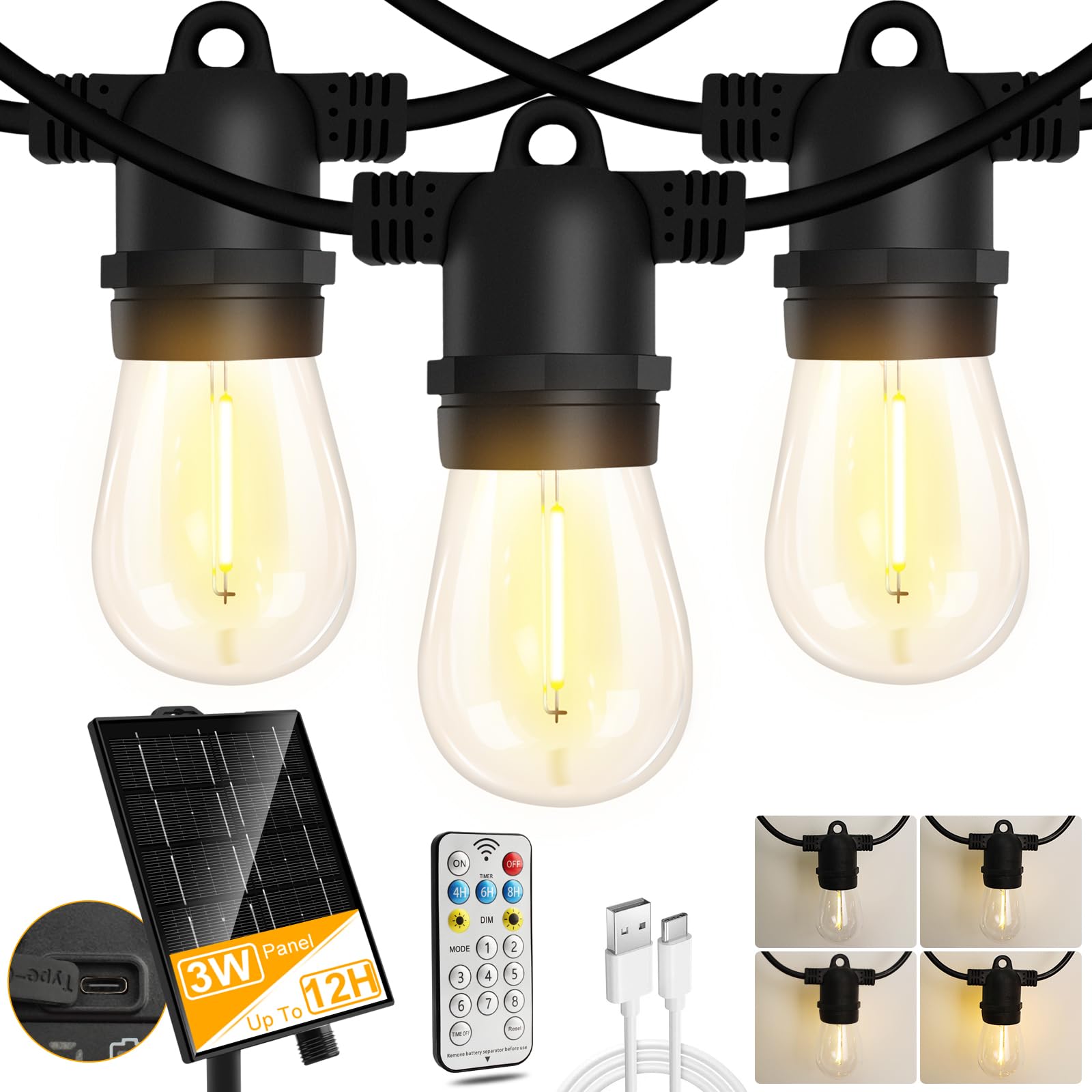 50(35+15)FT Solar String Lights Outdoor Waterproof 15+1 S14 LED Bulbs ...