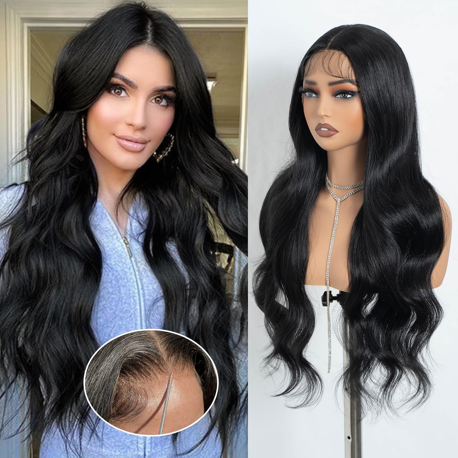 Amazon.com : NOBLE Long Black Wavy Wig for Women 28 Inch T-Part Lace ...