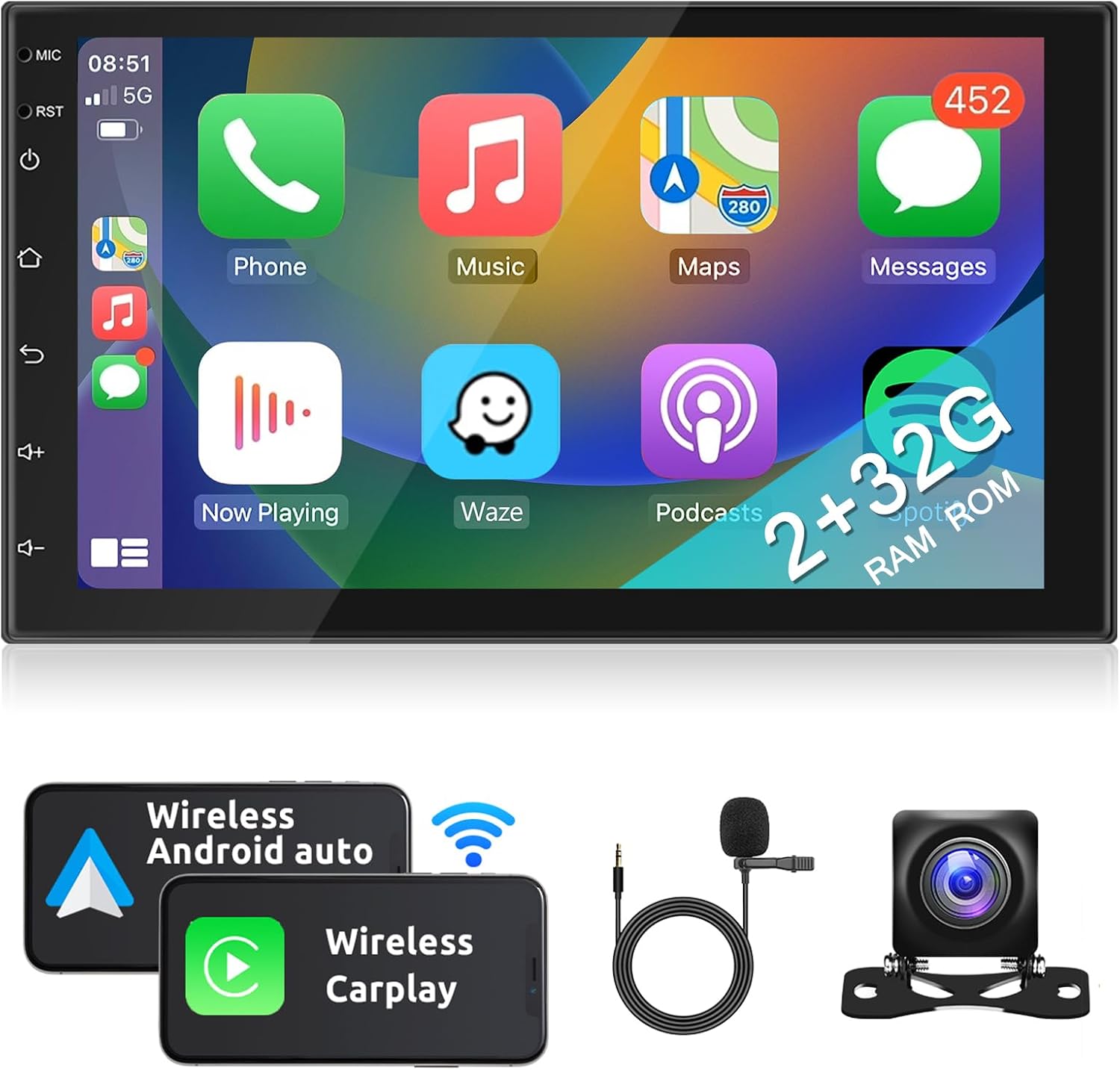 Amazon.com: 2+32G Android Double Din Car Stere Support Wireless Carplay ...