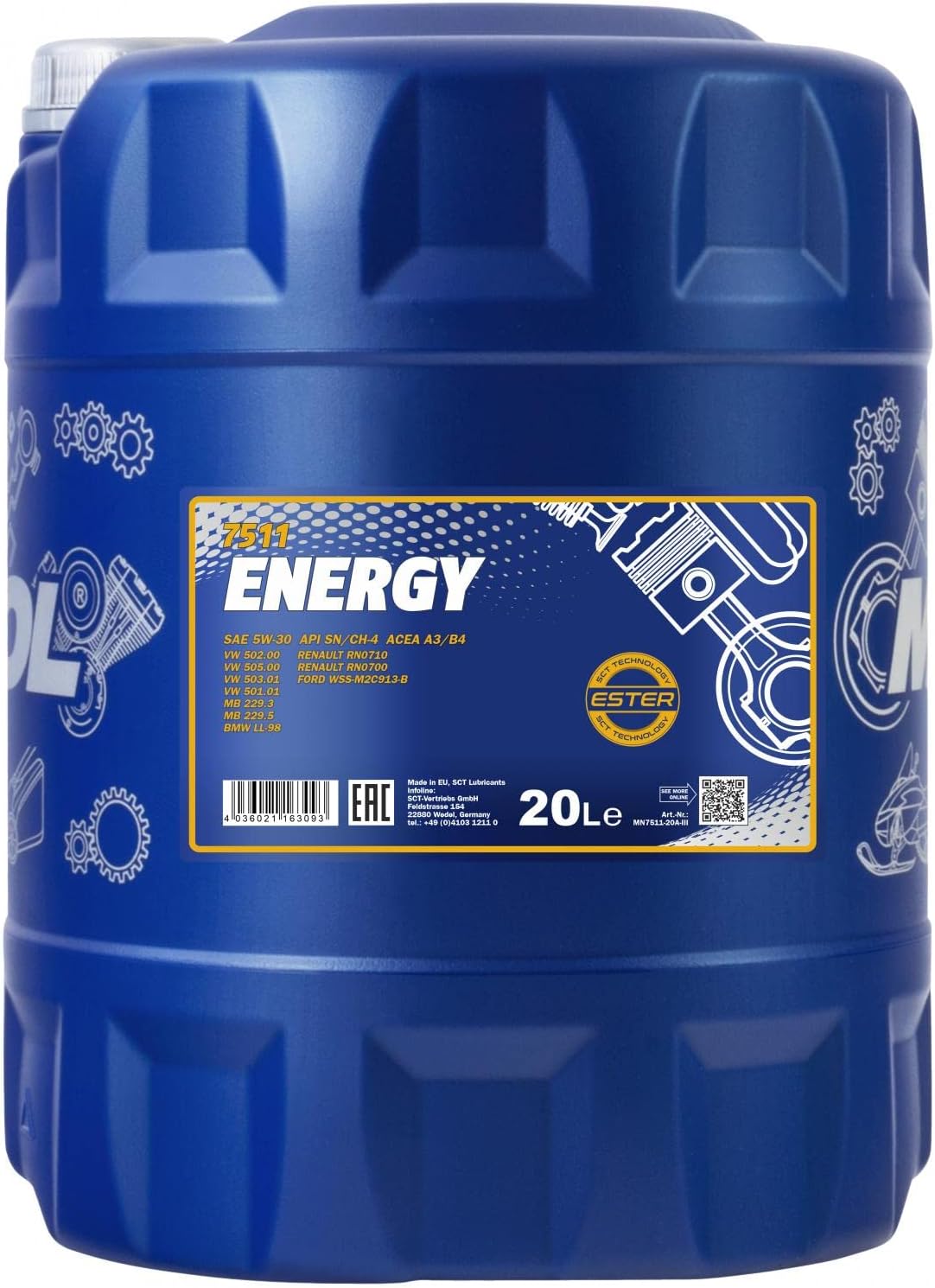 Mannol 20 Litre Energy 5W-30 Engine Oil 7511 API SN/CH-4 ACEA A3/B4 ...