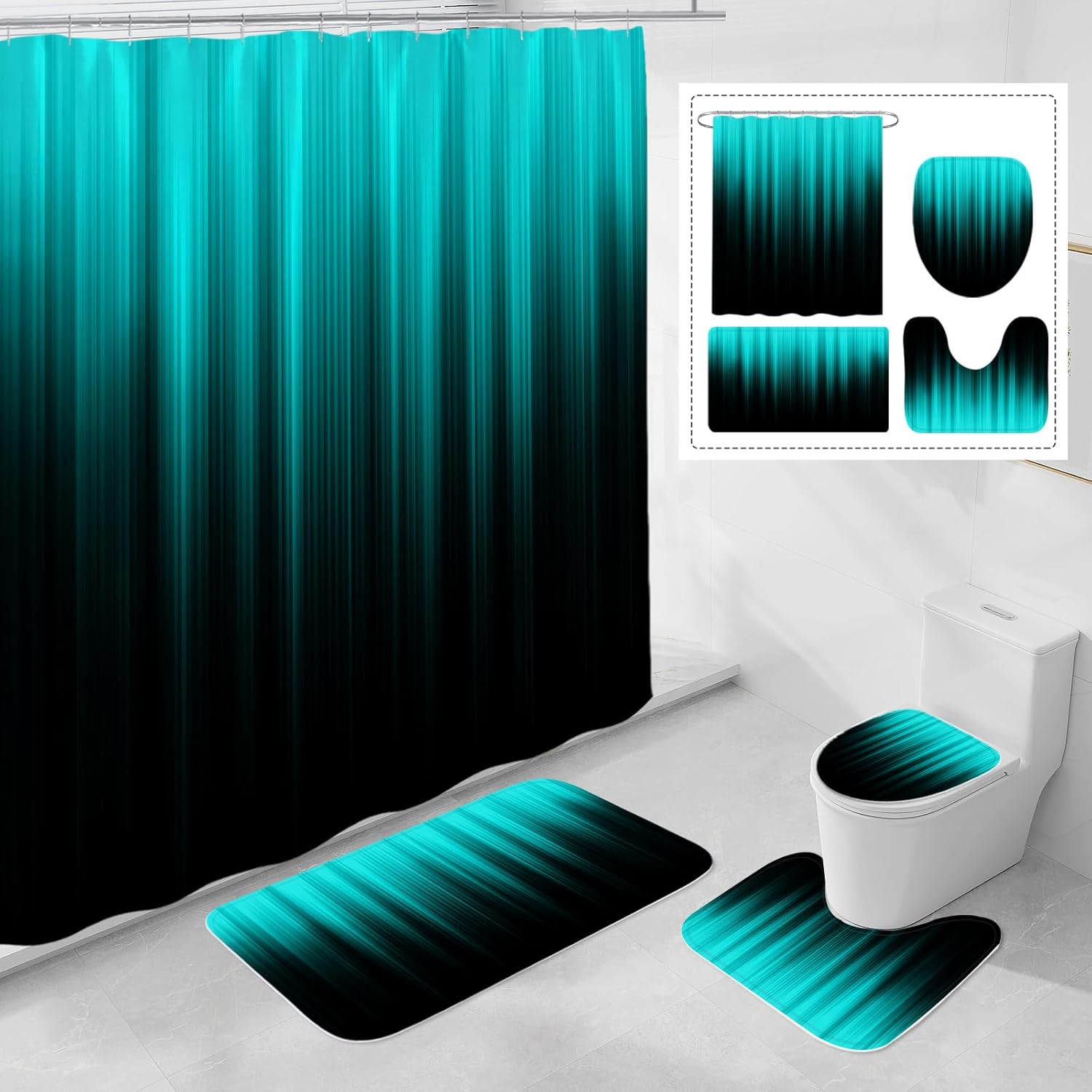 Amazon.com: Litabel 4 Pcs Teal and Black Gradient Shower Curtain Set ...