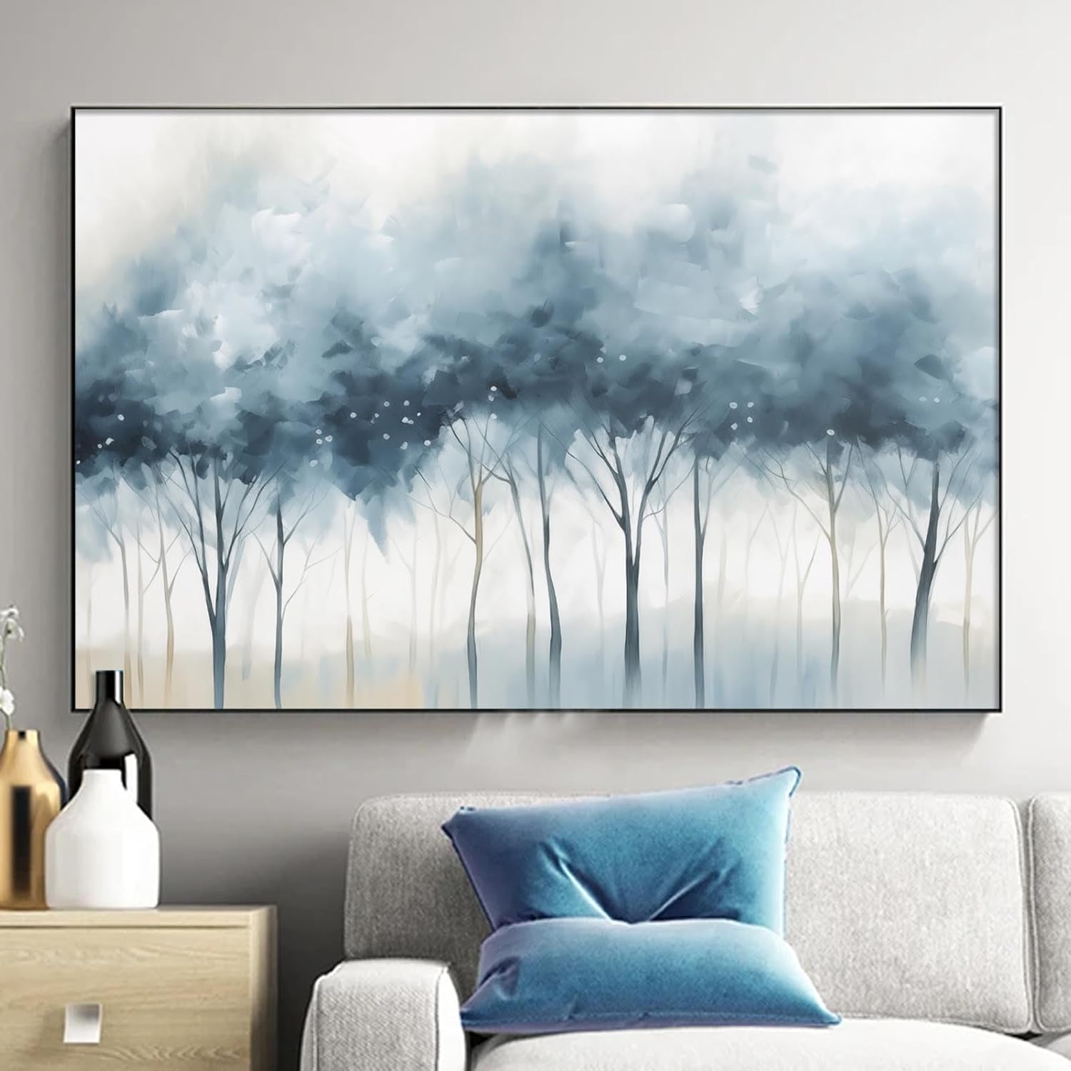 Lienzo de bosque azul para pared, pintura de árbol, póster azul ...