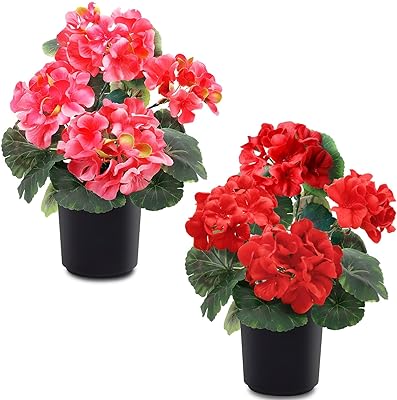 Amazon.com - QIANYUN Artificial Topiary for Outdoors- 20” Potted Plant Fake Geraniums Bush-UV ...