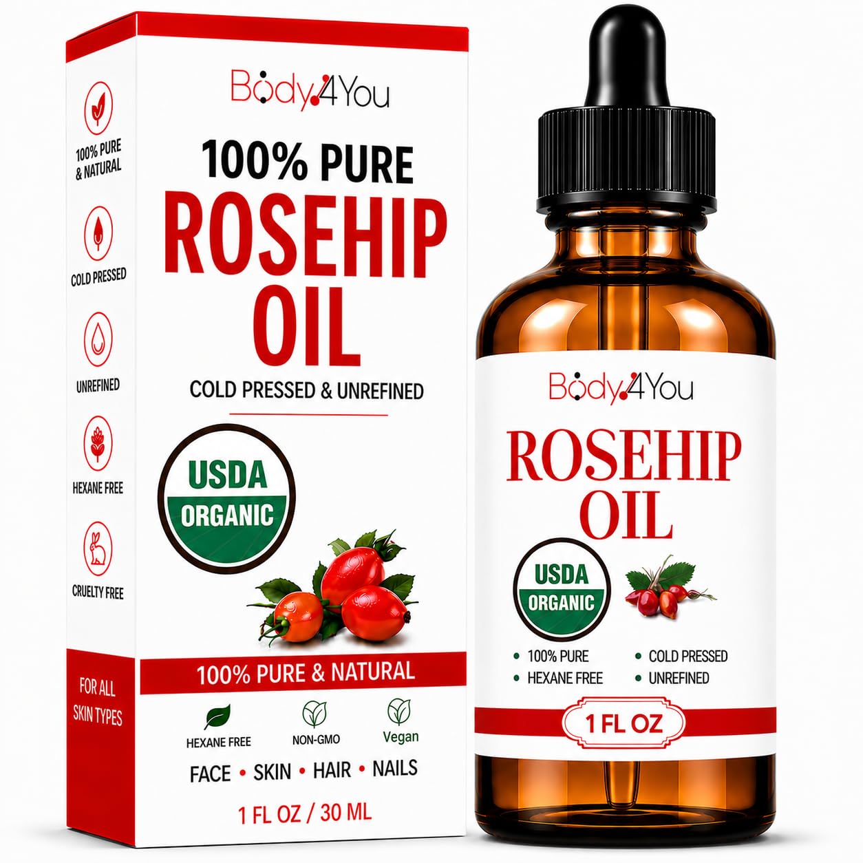 Amazon.com: BodyJ4You Rosehip Oil for Face - 100% Pure Natural USDA ...