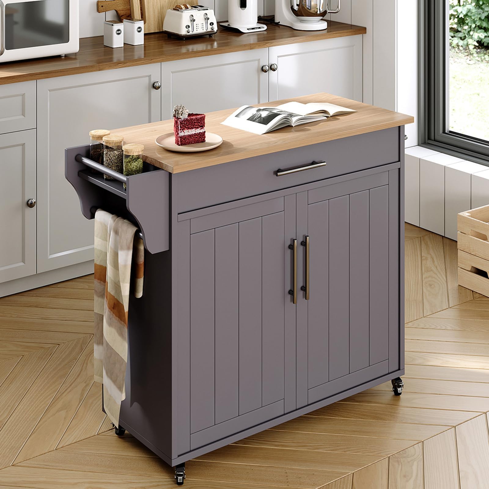 Amazon.com: Kitchen Island with Storage, Wooden Countertop Rolling ...
