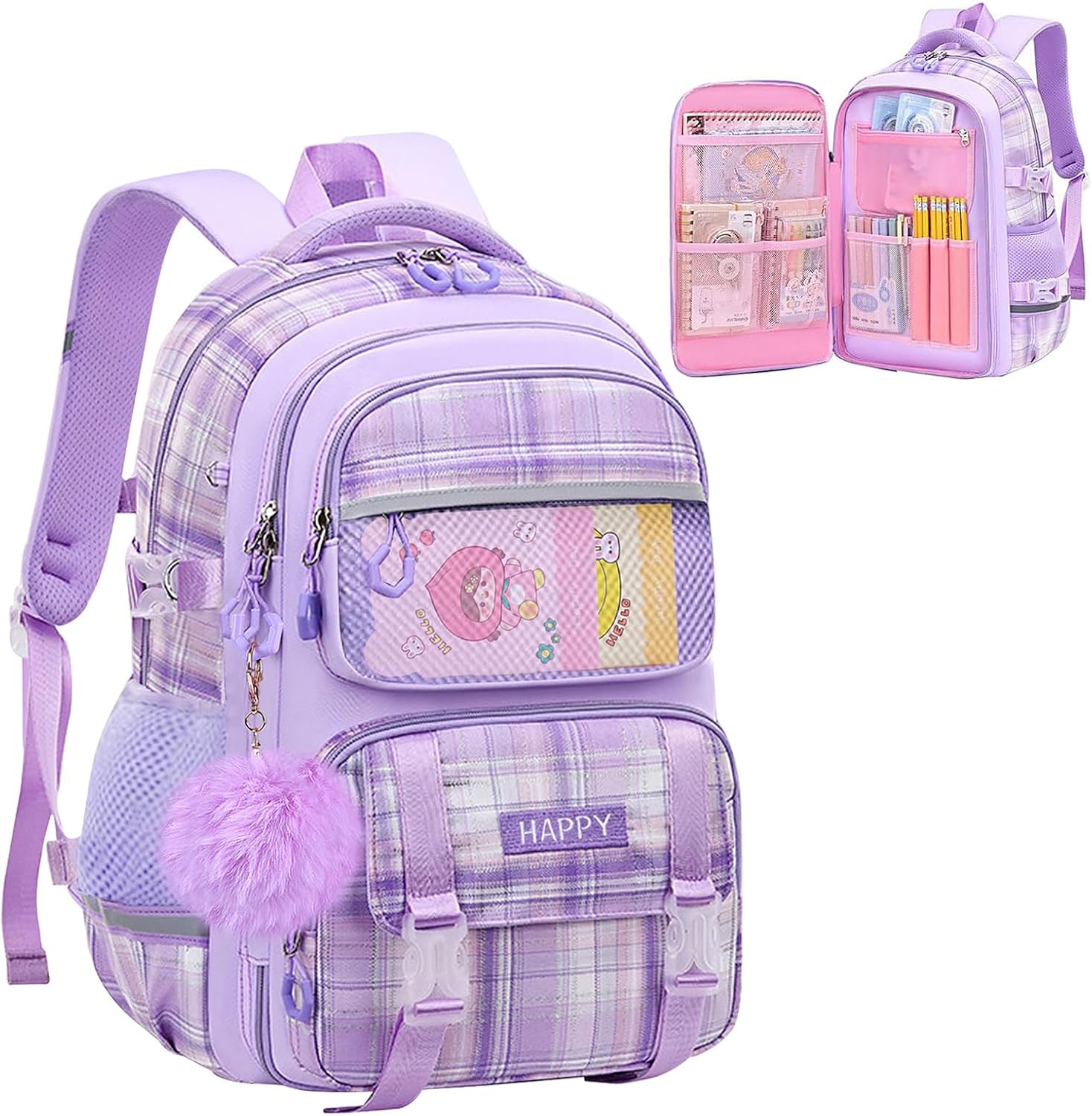 Amazon.com | KEBEIXUAN Kids Backpack for Girls - Cute Kawaii Plaid ...