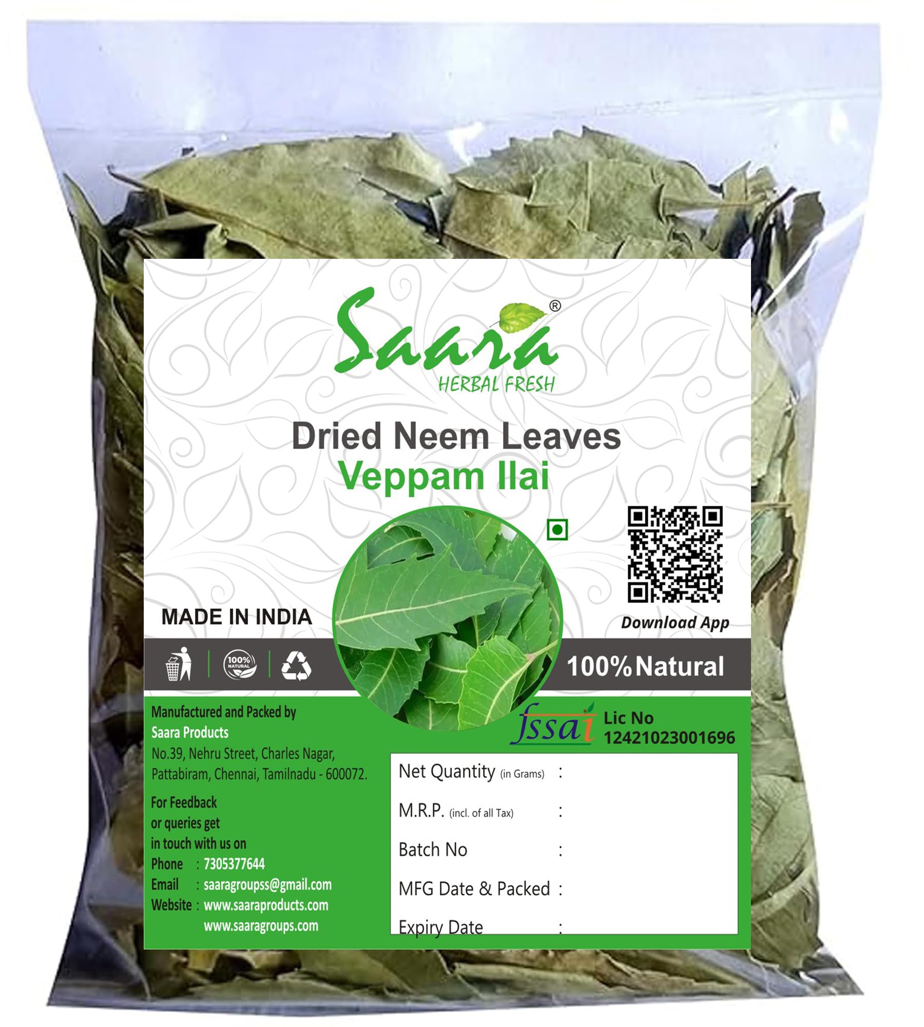 Saara HERBAL FRESH Dried Neem Leaves, 50g, Veppam Ilai, Dried Neem Leaf ...