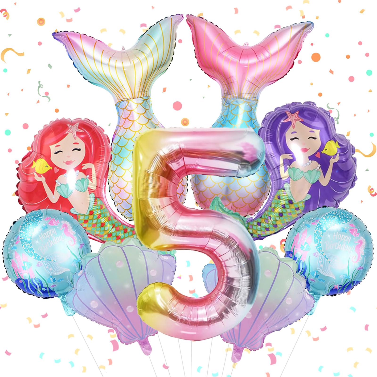 Snapklik.com : 9 Pcs Mermaid Balloons Large Number 5 Balloons Colorful ...