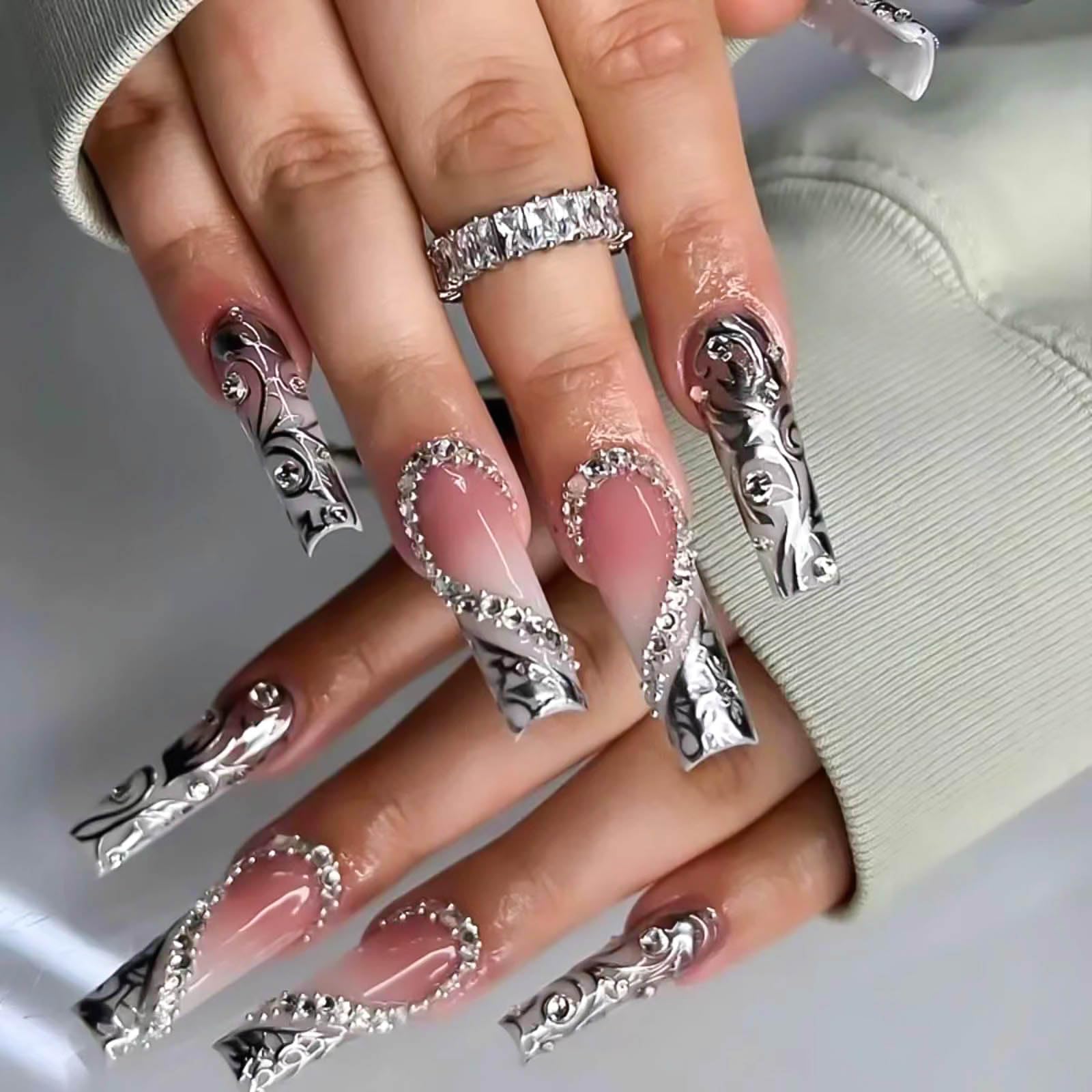 Amazon.com: RUOKEXIN Long Press on Nails Square Fake Nails Silver ...