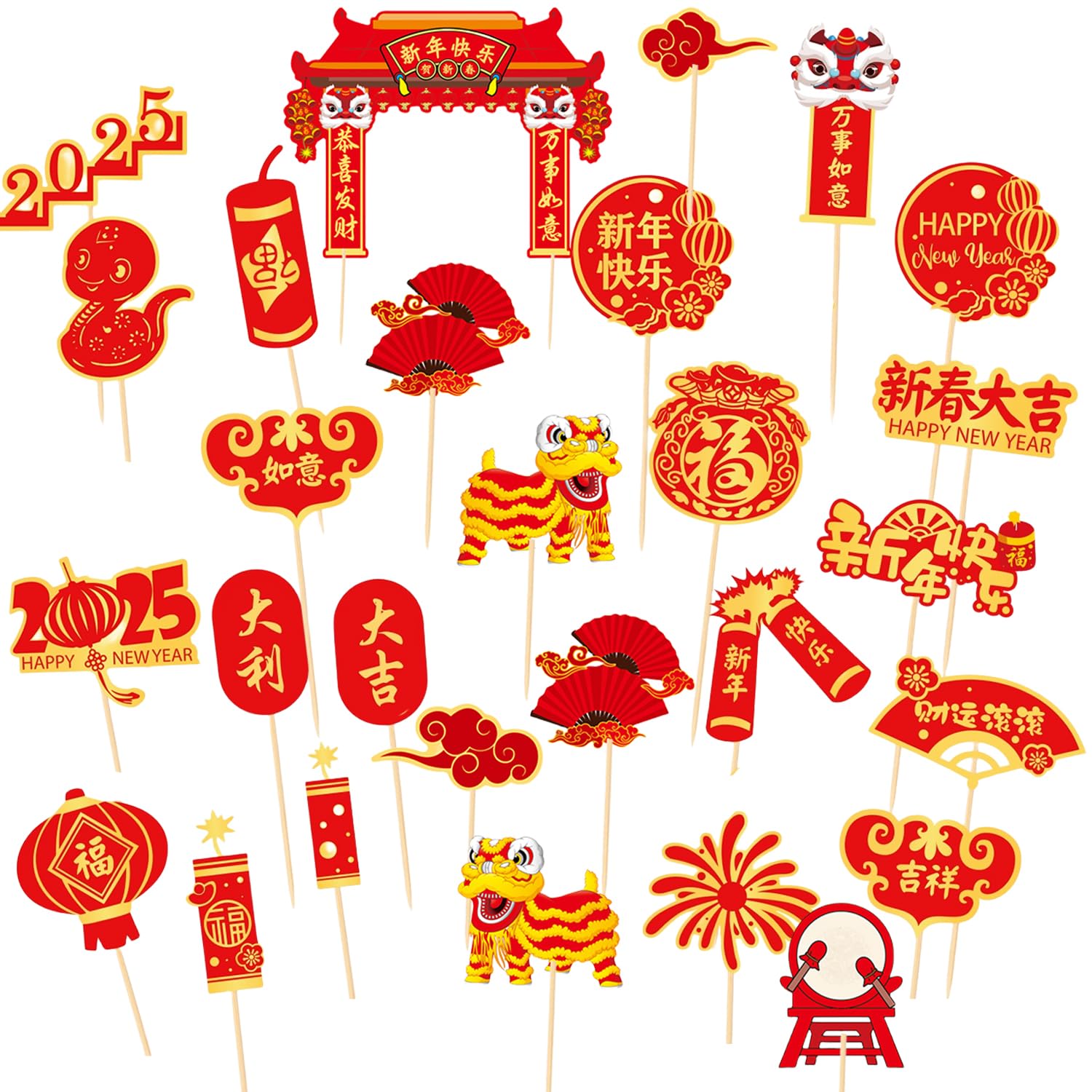 Amazon.com: LOONELO Chinese New Year Cupcake Toppers, 28pcs 2025 Year ...