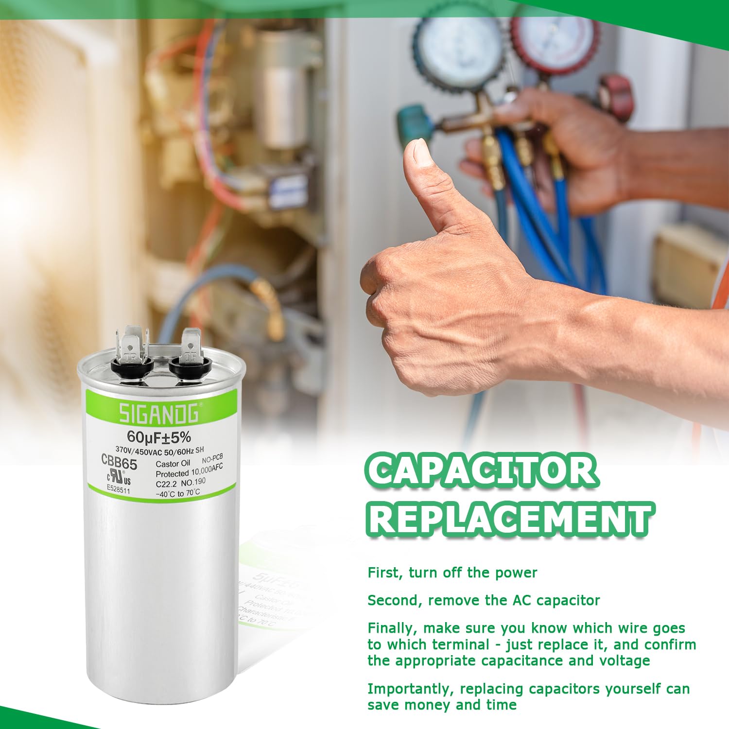 Snapklik.com : 60uF 60 MFD 370V Or 450V CBB65 Run Start Capacitor 60 uF ...
