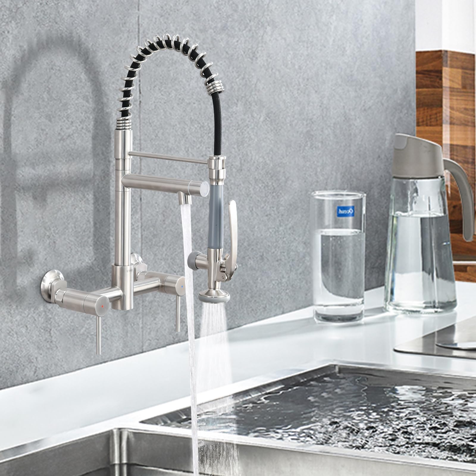 DEMIINUS Wall Mount Kitchen Faucet with Pull Down Sprayer, 8 Inch ...