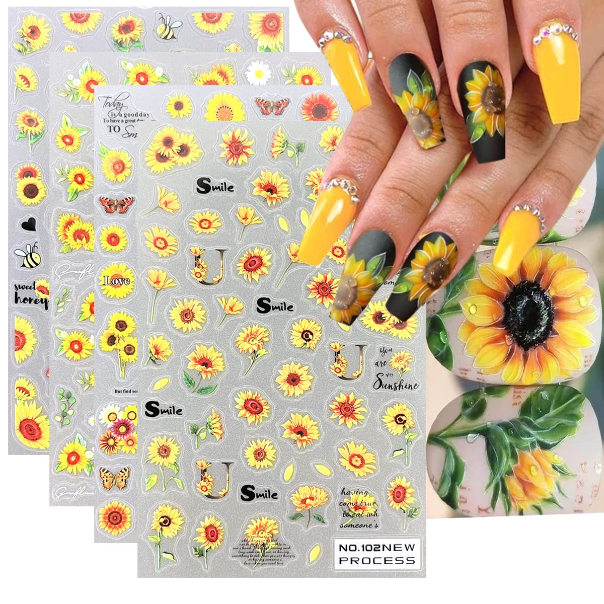 Amazon.com: 4 Pcs Sunflower Nail Stickers 5D Exquisite Yellow Daisy ...