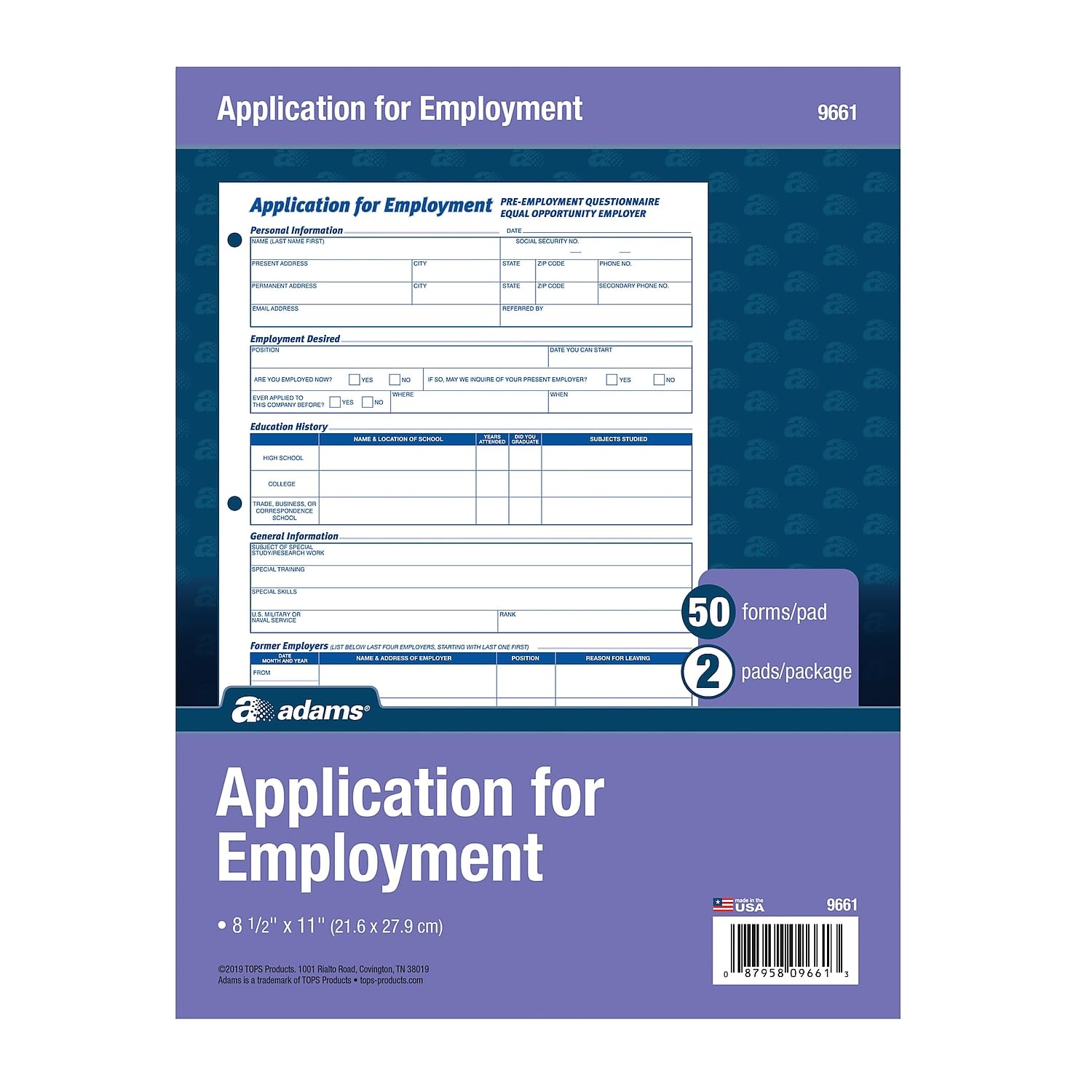 Amazon.com : Adams(R) Application For Employment, 8 1/2in. x 11in., Pad ...